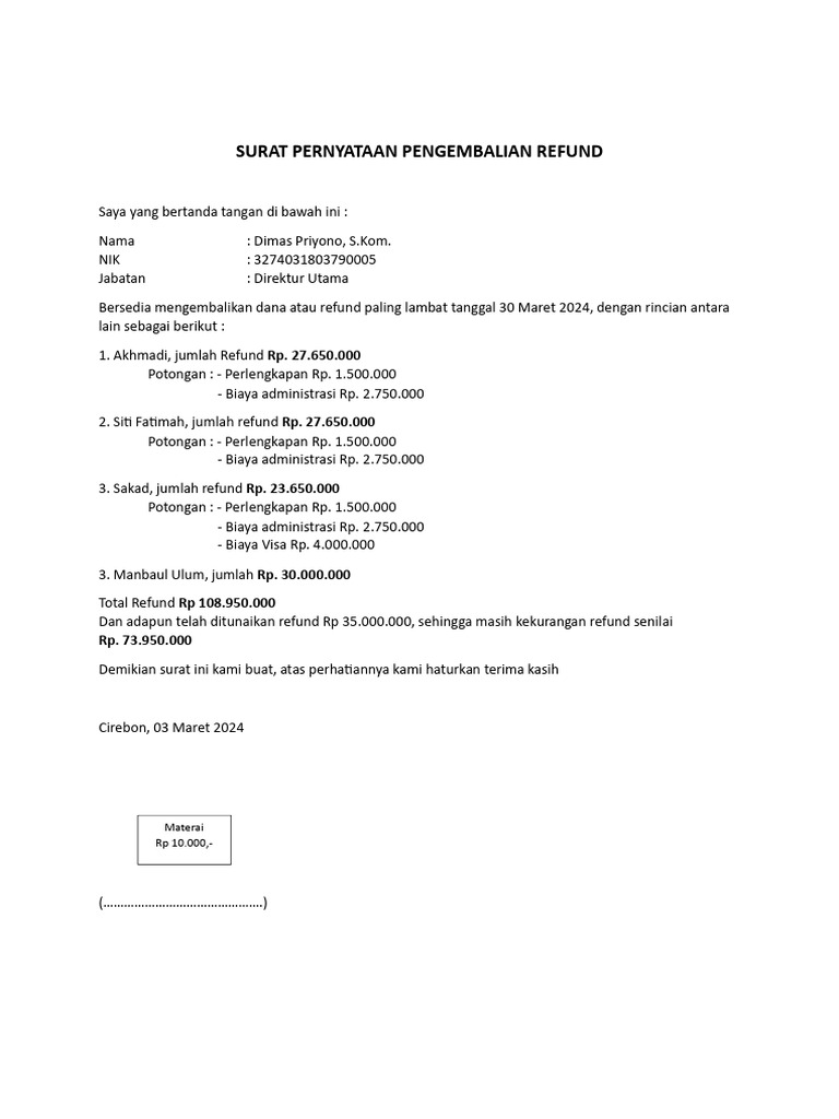 Surat Pernyataan Pengembalian Refund: Materai RP 10.000 | PDF