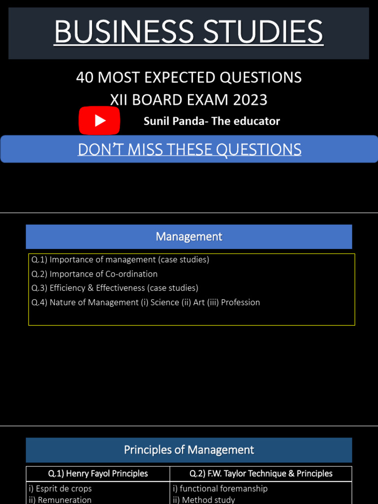 40 Most Important Questions Business Studies SPCC | PDF