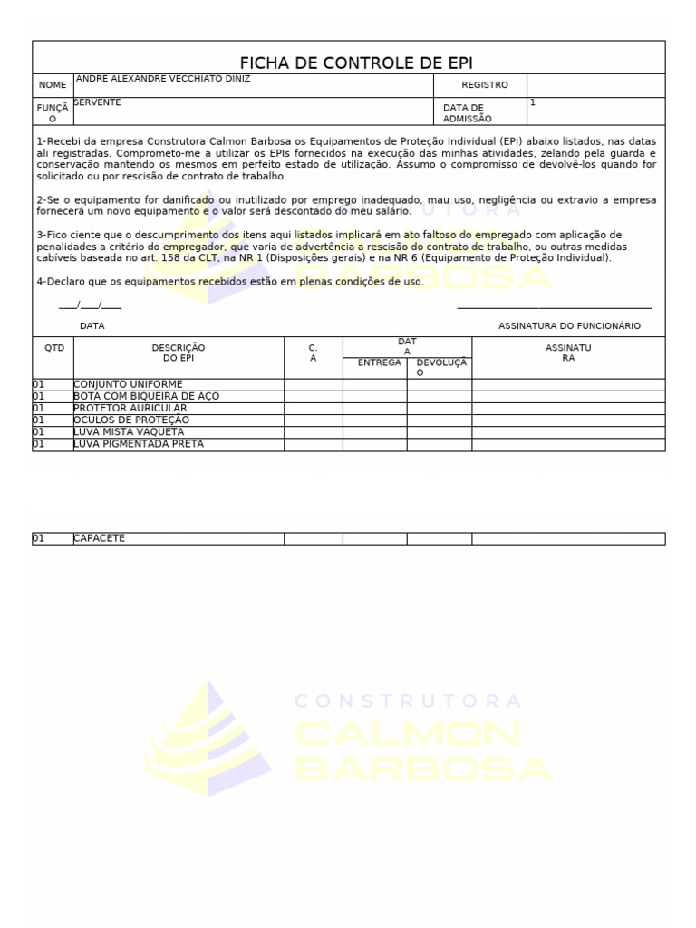 Ficha de Controle de EPI | PDF