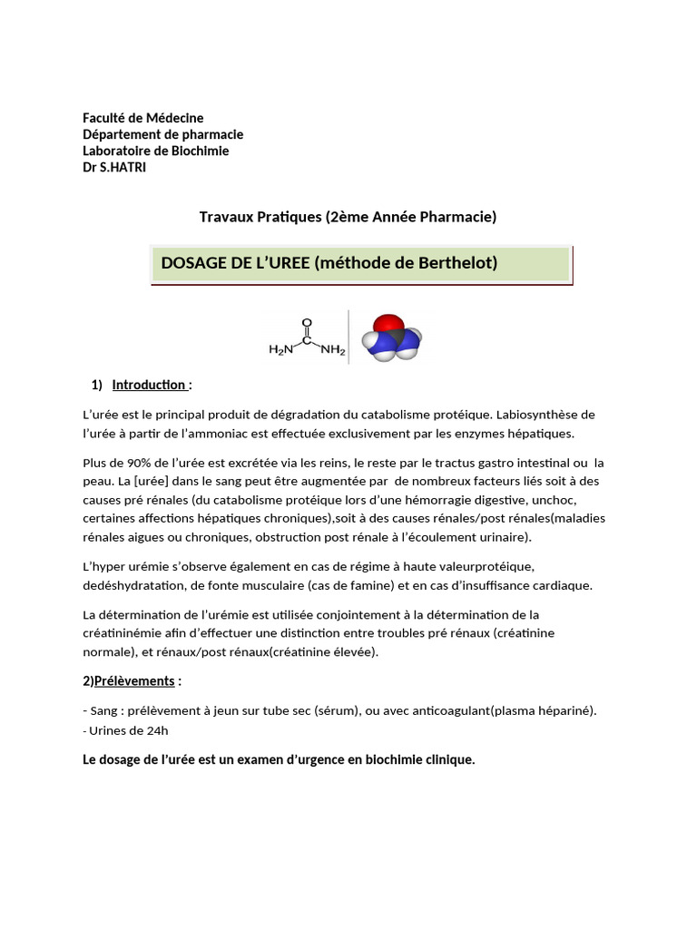 Biochimie TP Dosage de Luree Methode de Berthelot | PDF