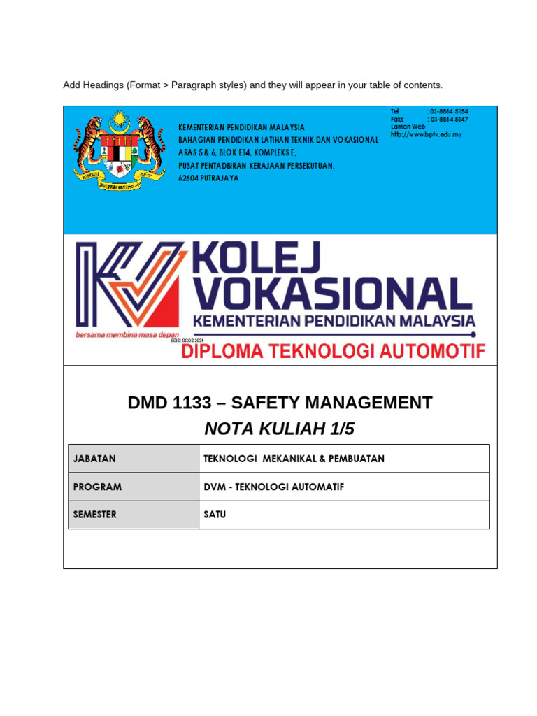 Nota Kuliah 1 - Introduction of Safety Management | PDF