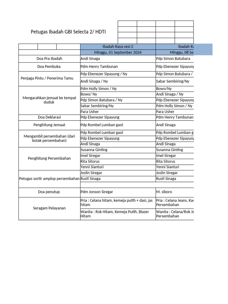 Jadwal Pelayanan Selecta 2 Bulan September | PDF
