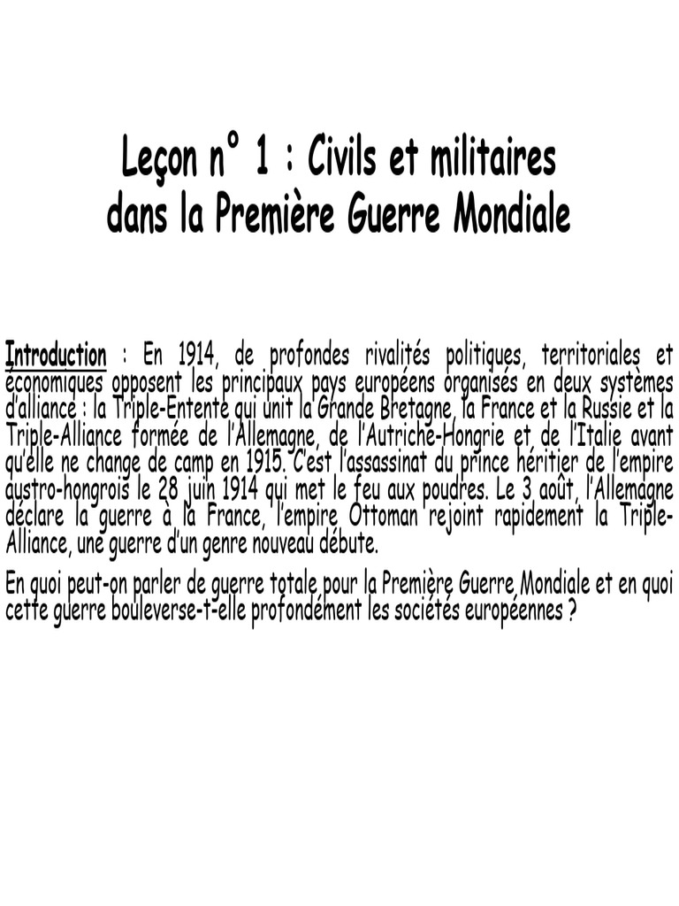 Lecon N 1 Civils Et Militaires Dans La Premiere Guerre Mondiale | PDF