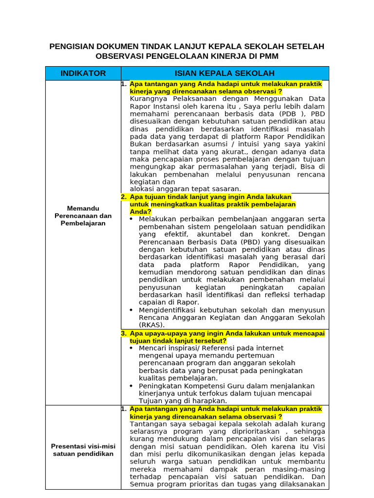 Pengisian Dokumen Tindak Lanjut Kepala Sekolah Setelah Observasi ...