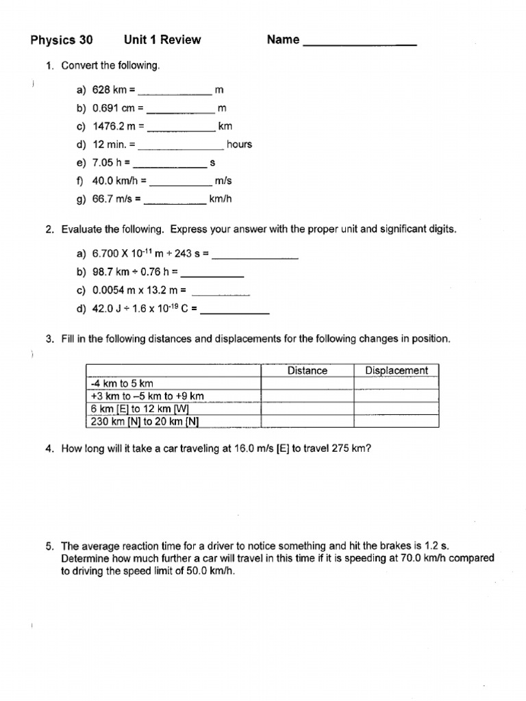 Physics 30 Unit 1 Review | PDF