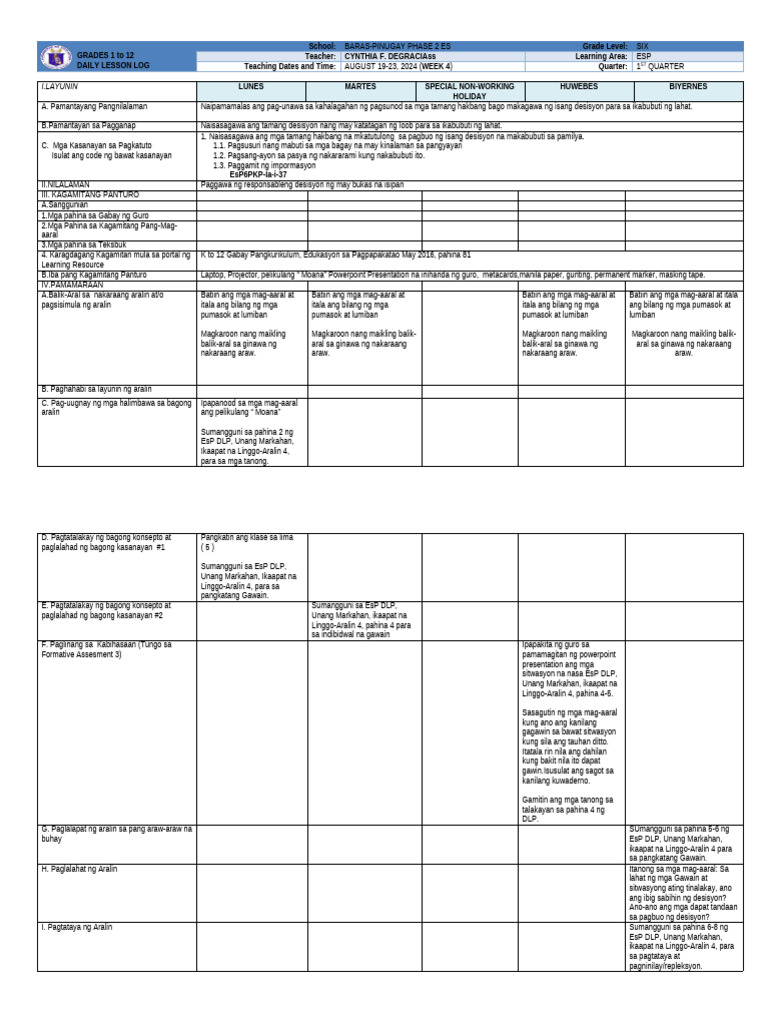 DLL Esp 6 Q1 W4 | PDF