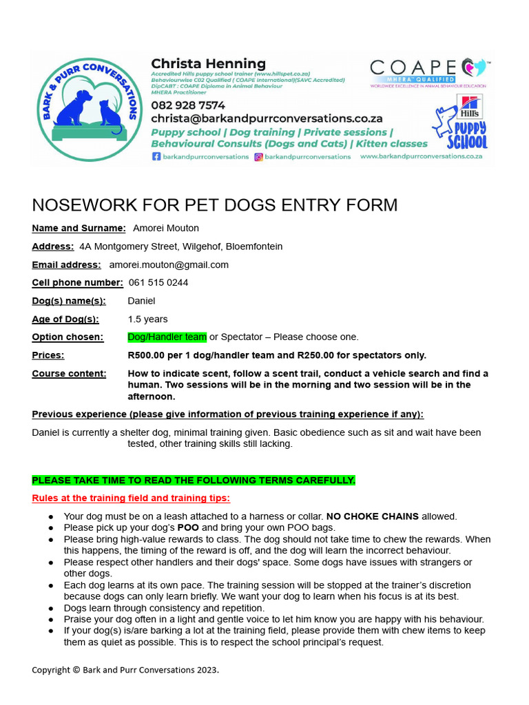 Nosework For Pet Dogs Seminar Entry Form 2024 | PDF