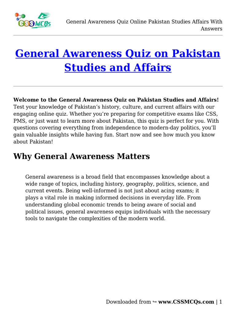 General Awareness Quiz Online Pakistan Studies Affairs With Answers | PDF