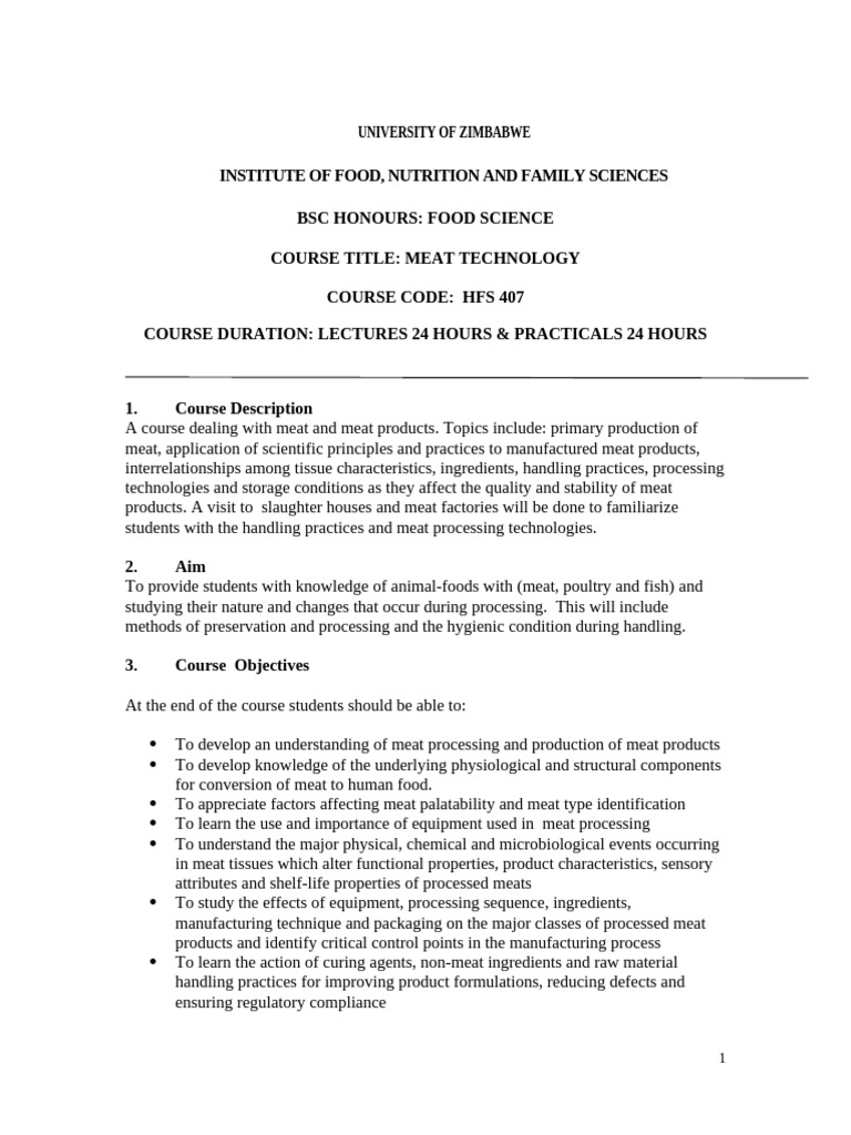 Hfs 407 Meat Technology Course Outline | PDF