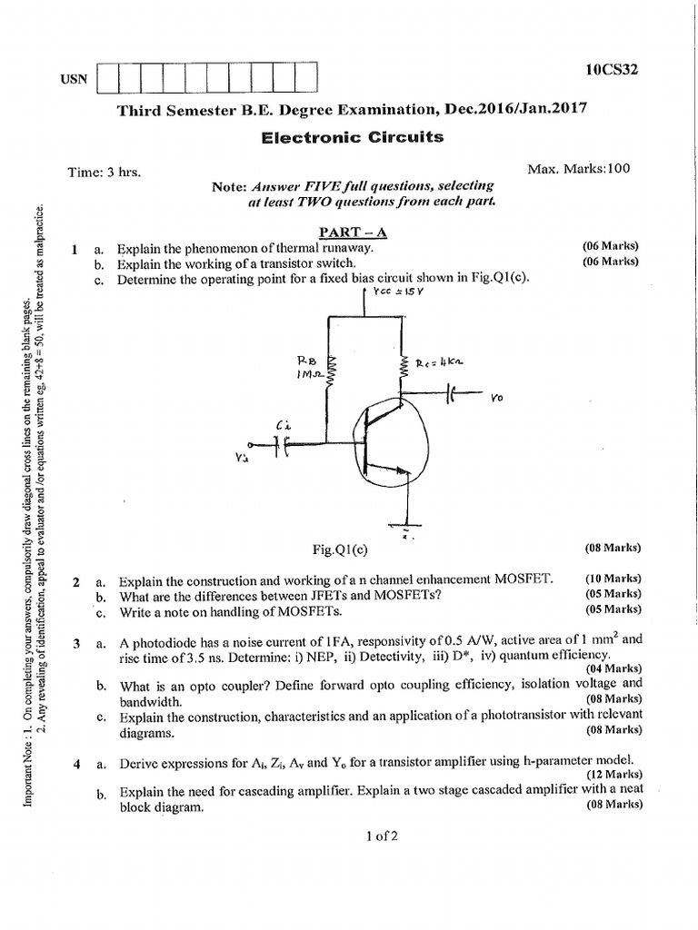 VTU Question Paper of 10CS32 Electronic Circuits (III Sem B.E.) December 2016 | PDF