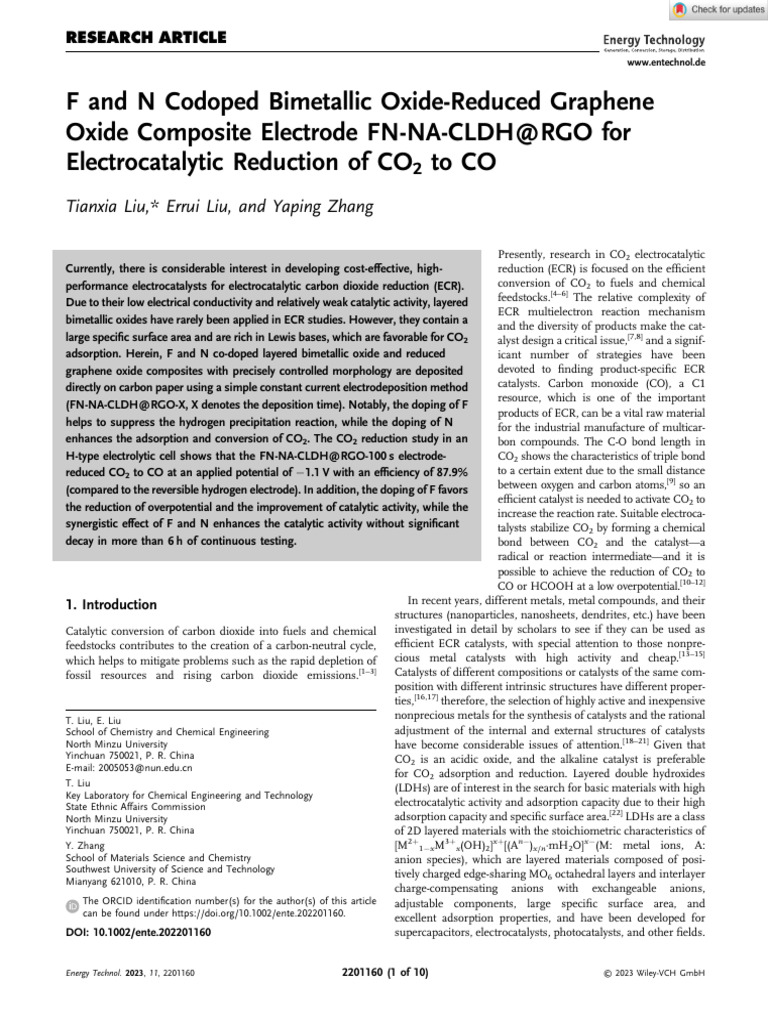 Energy Tech - 2023 - Liu - F and N Codoped Bimetallic Oxide Reduced ...