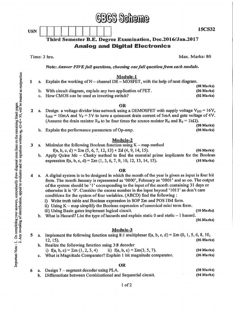 VTU Question Paper of 15CS32 Analog and Digital Electronics (III Sem B ...