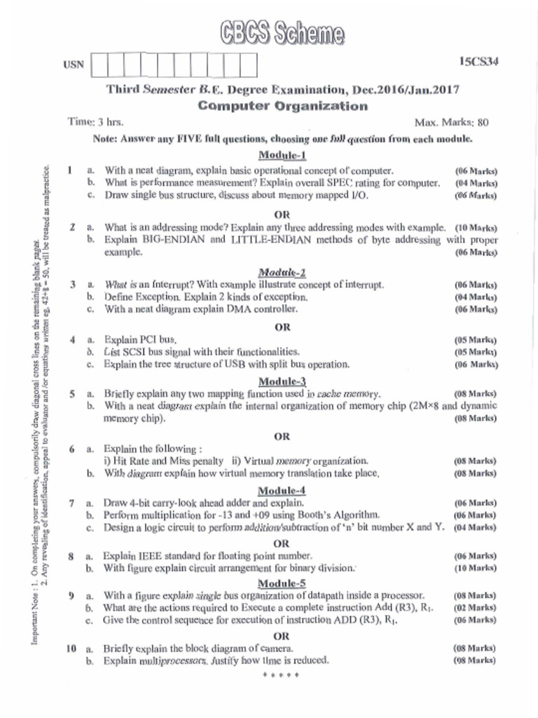 VTU Question Paper of 15CS34 Computer Organization (III Sem B.E.) December 2016 | PDF