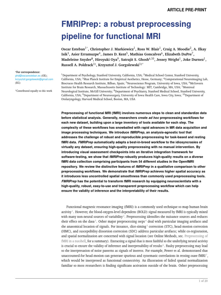 FMRIPrep A Robust Preprocessing Pipeline For Functional MRI | PDF