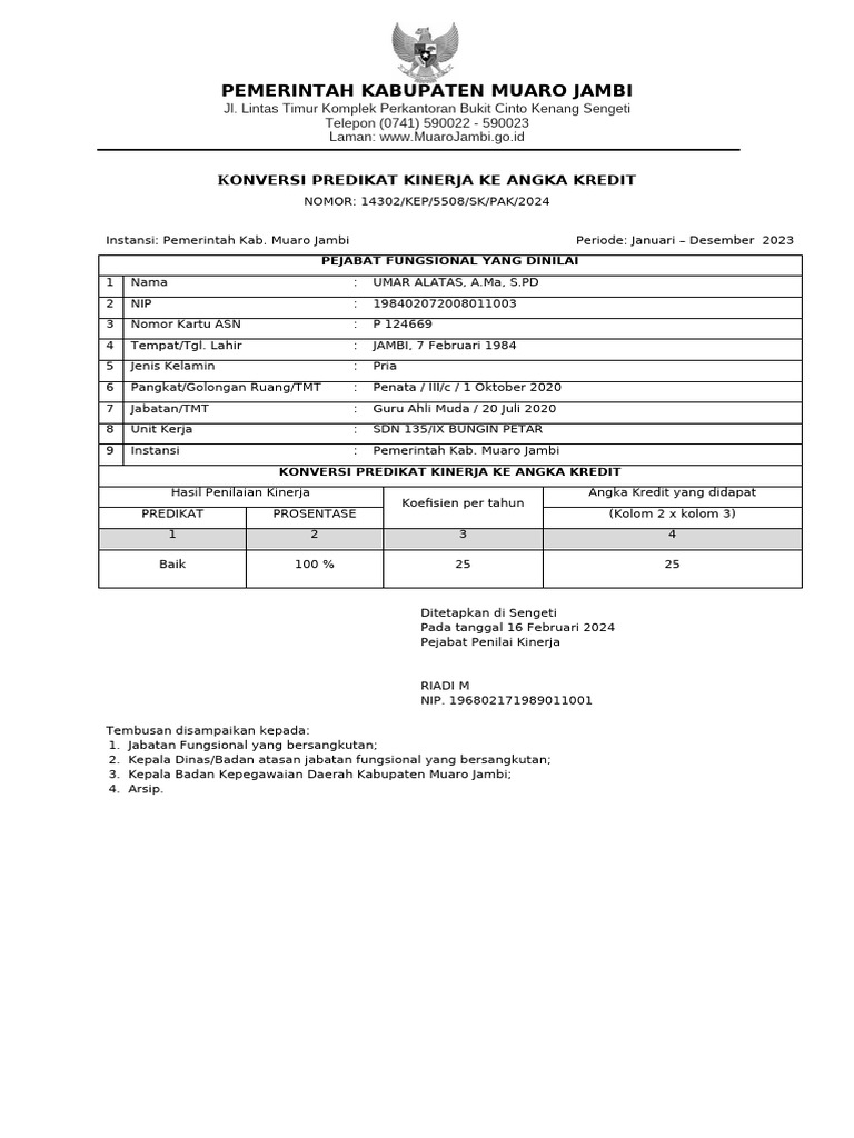Konversi Predikat Kinerja Ke Angka Kredit 2023 Umar Alatas, A.ma - PD | PDF