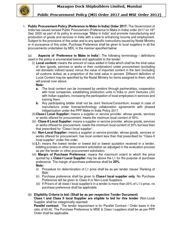 Public Procurement Policy (MII Order 2017 and MSE Order 2012) | PDF