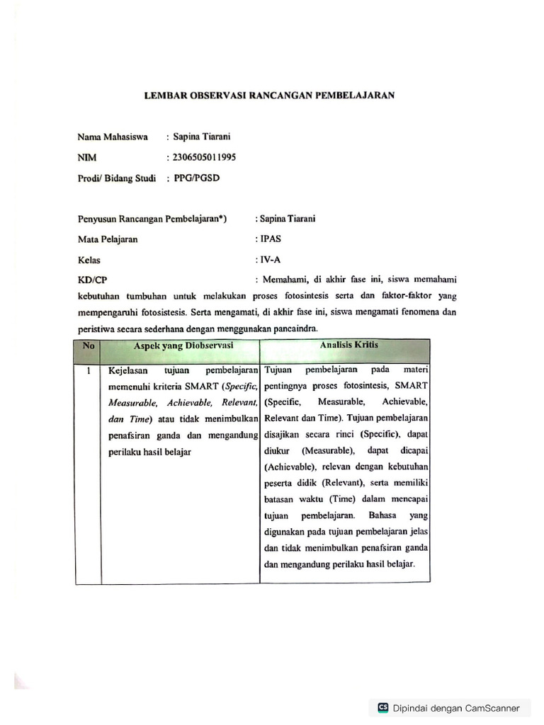 Lembar Observasi Rancangan Pembelajaran - Siklus 3 - Sapina Tiarani | PDF