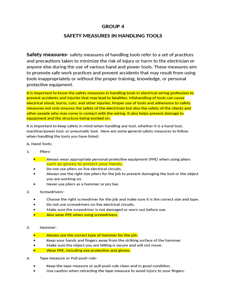 Safety Measures in Handling Tools | PDF