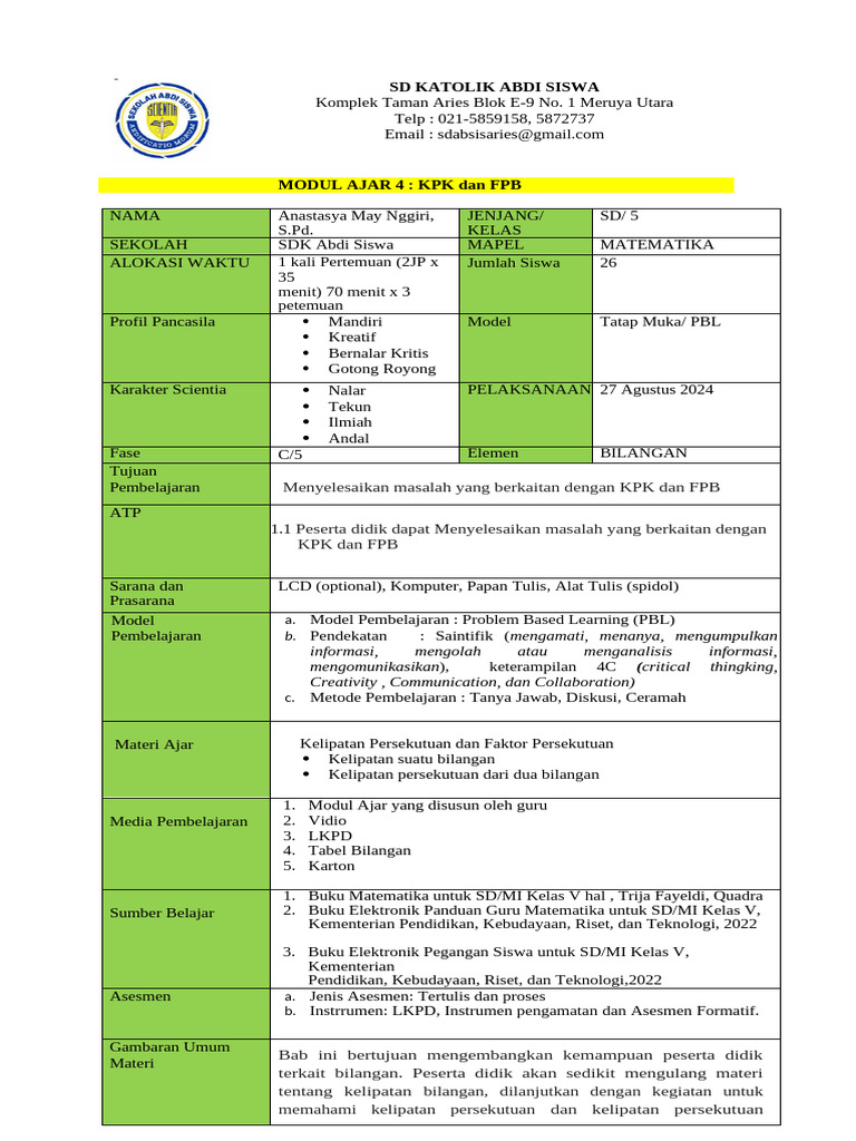 Modul ajar mat kelas V 26 Agst 2024 (2) | PDF
