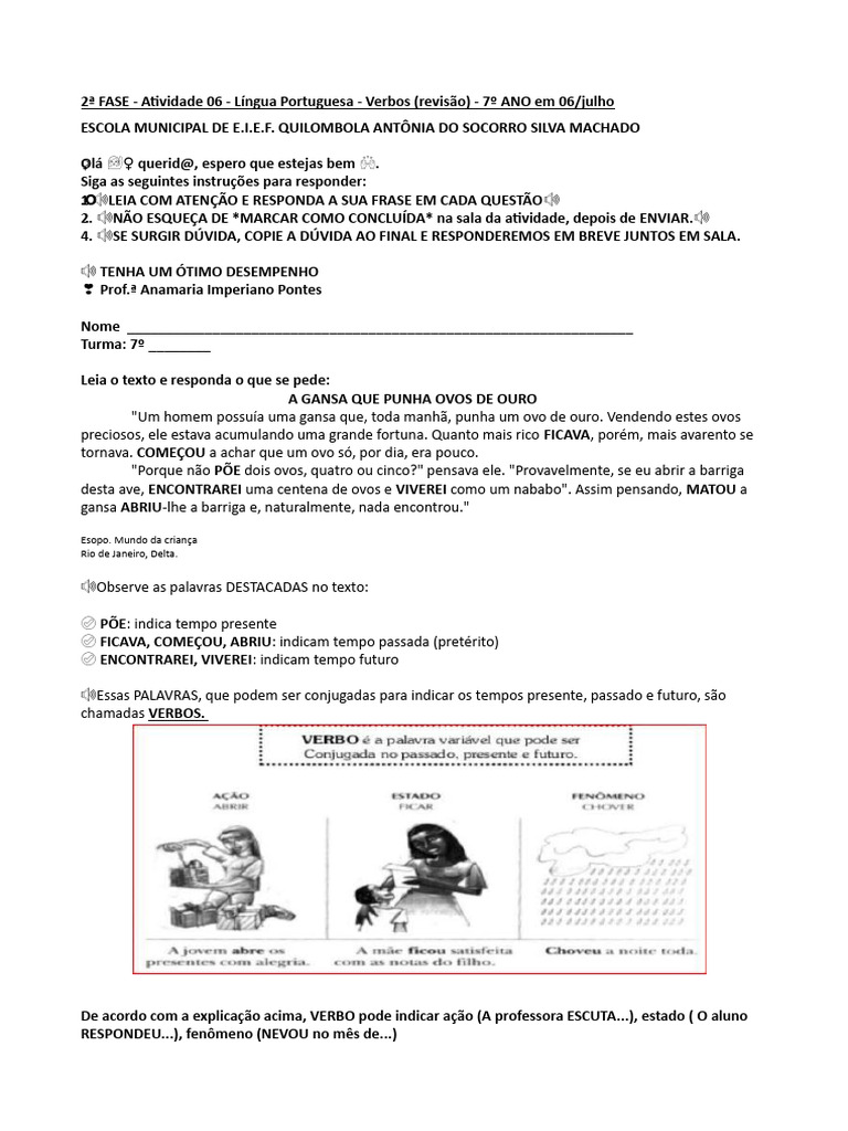 Atividade 6 Da 2fase 06 Julho Na Quarentena 7 Ano PORTUGUES Prof ...