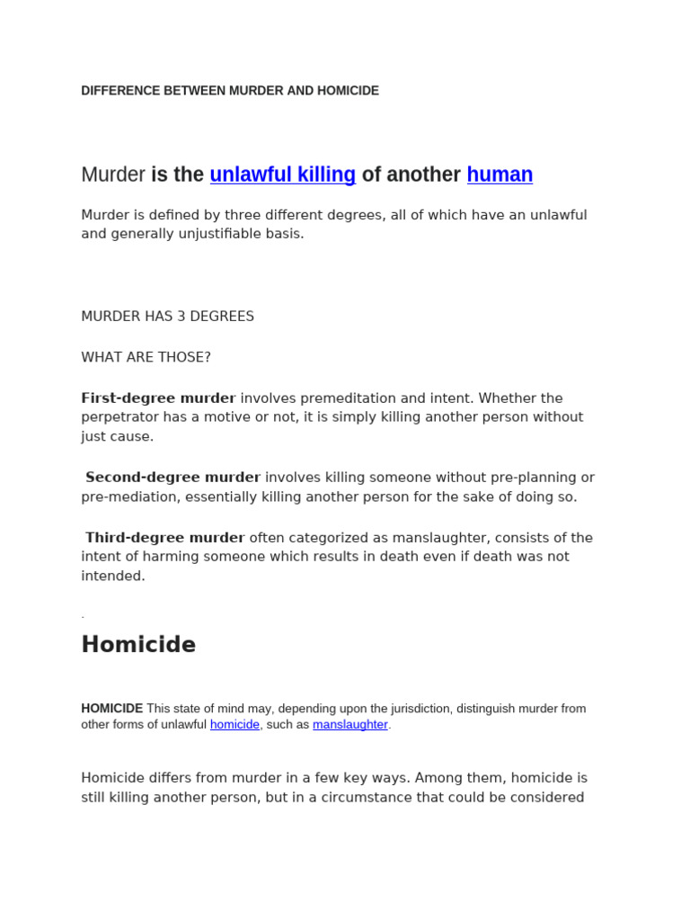 DIFFERENCE BETWEEN MURDER AND HOMICIDE Ethics | PDF