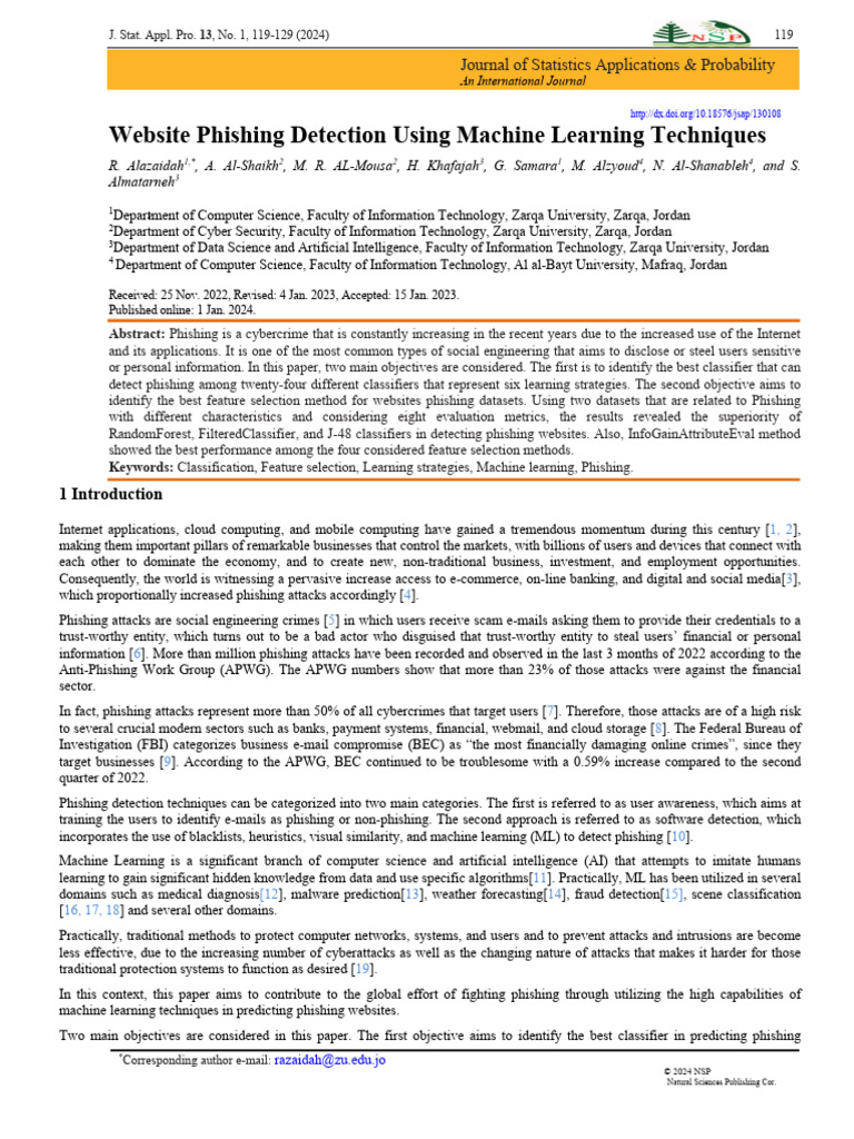 Website Phishing Detection Using Machine Learning Techniques Pdf