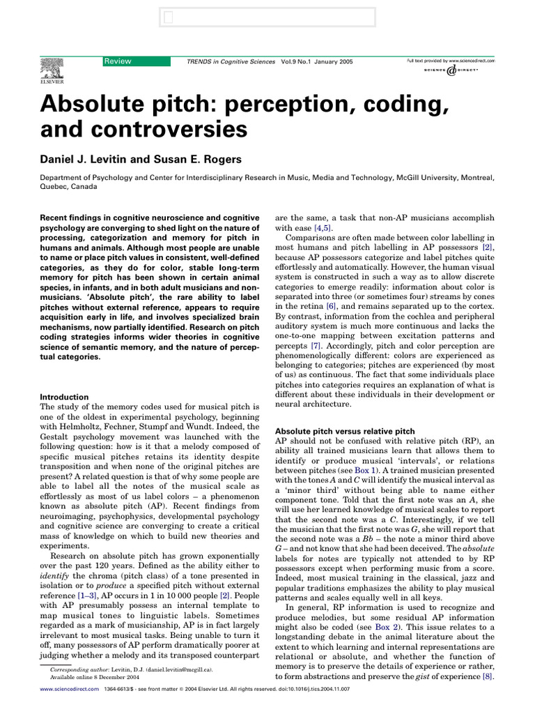 Levitin-2005-Absolute pitch- perception, coding, and controversies | PDF