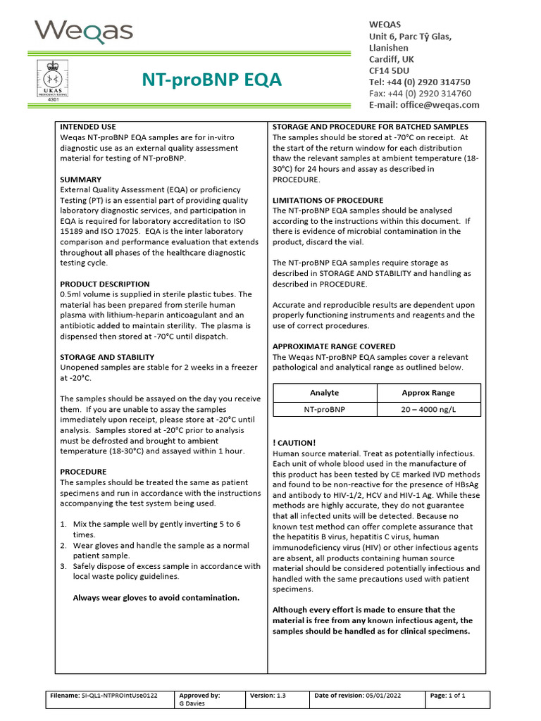 WEQAS NT-proBNP Product Insert | PDF