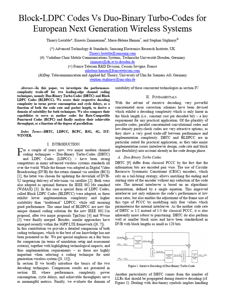 Block-LDPC Codes Vs Duo-Binary Turbo-Codes For European Next Generation Wireless Systems | PDF ...
