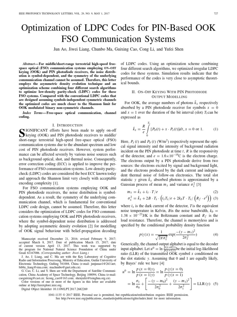 Optimization of LDPC Codes For PIN Based OOK FSO Communication System | PDF | Low Density Parity ...