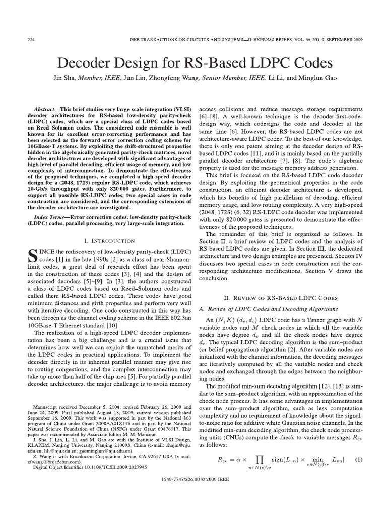 Decoder Design For RS Based LDPC Codes | PDF