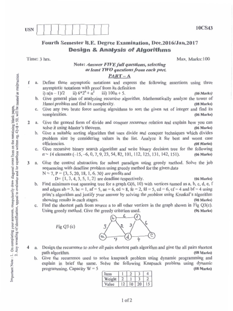 VTU Question Paper of 10CS43 Design - Analysis of Algorithms (IV Sem B ...