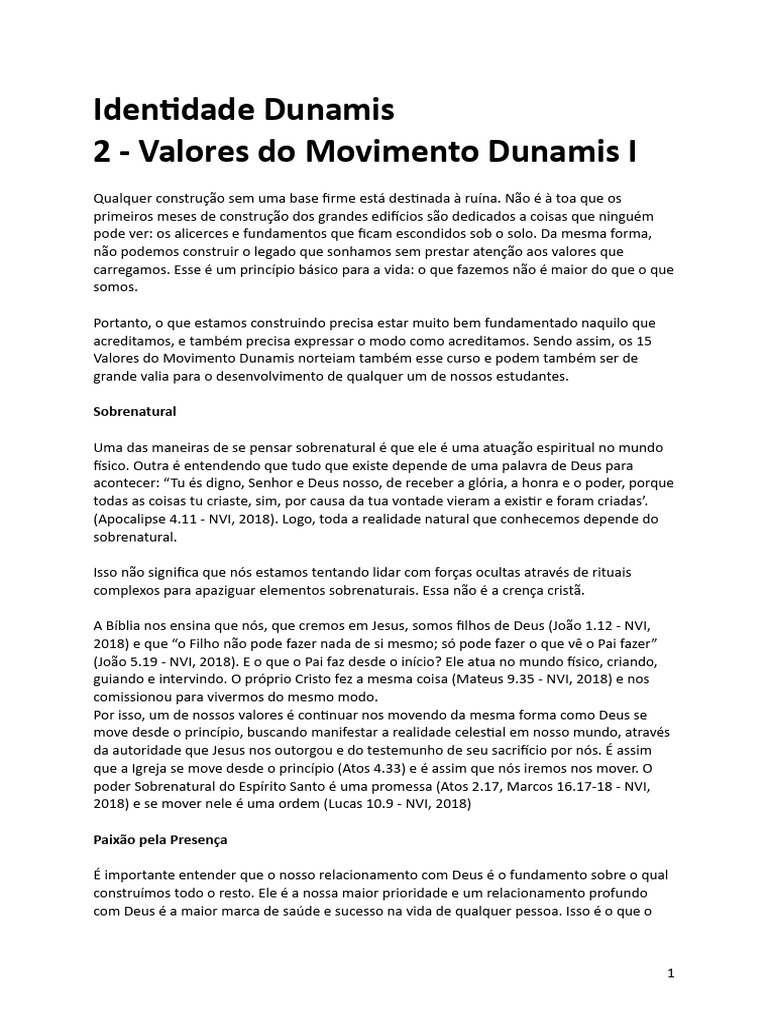 Identidade Dunamis - 2 - Valores Do Movimento Dunamis I | PDF | Bíblia ...