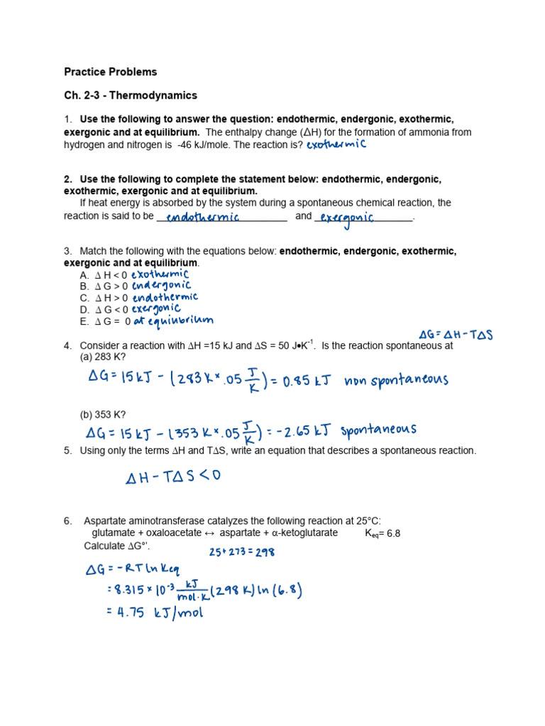 Ch.1 Thermodynamics Practice Questions | PDF | Chemical Reactions ...