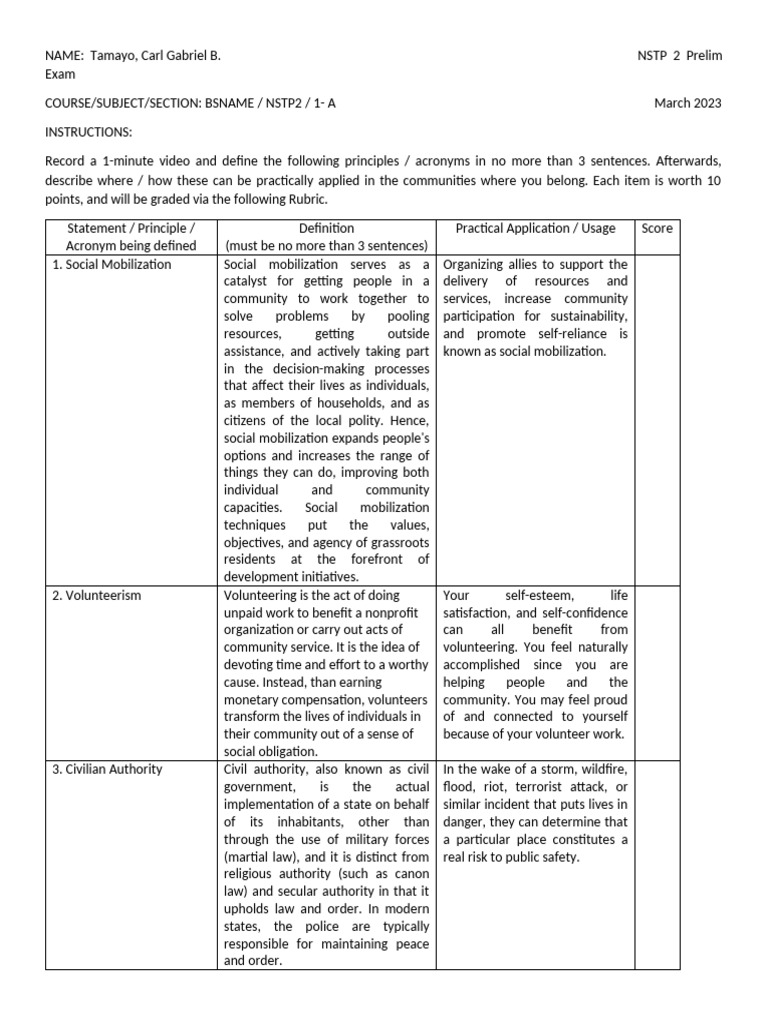 NSTP 2 Prelim Exam Tamayo Carl Gabriel | PDF