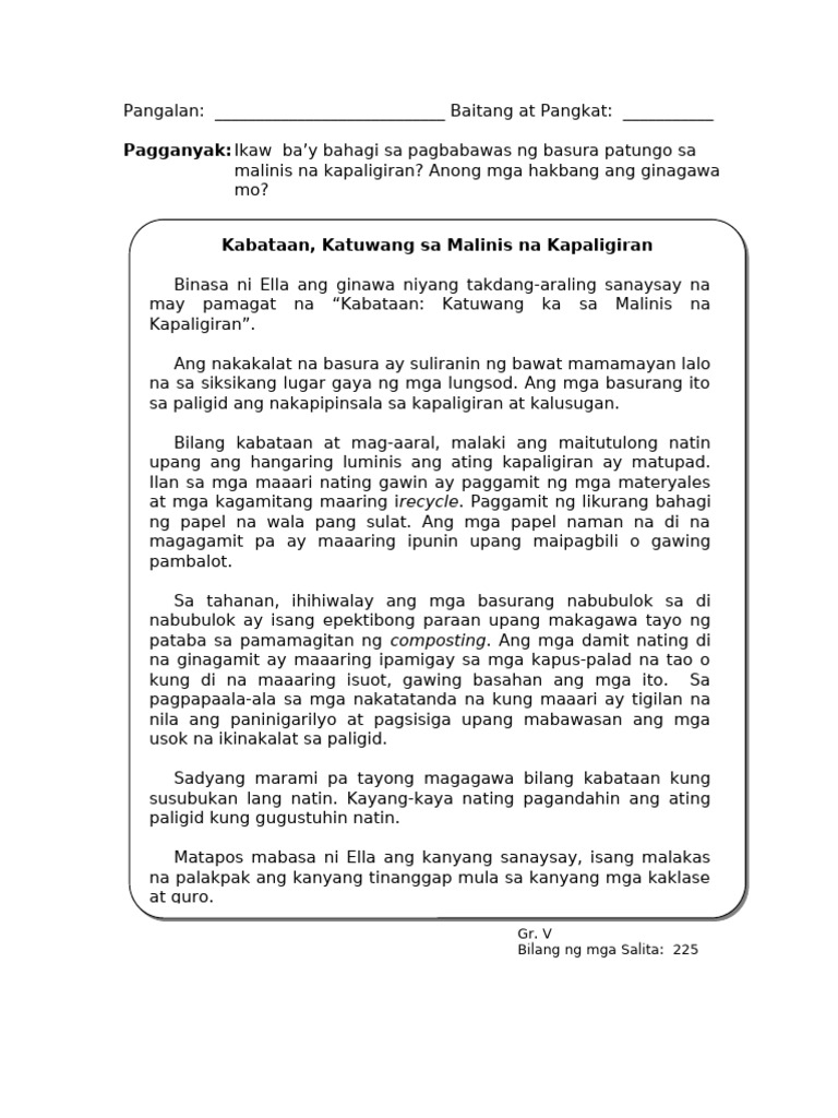 Grade 5 - Filipino Reading Comprehension Materials | PDF