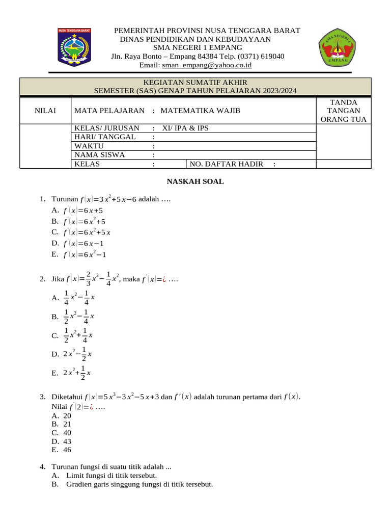 Soal SAS Genap Matematika Wajib XI K13 | PDF