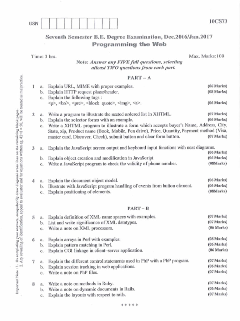 VTU Question Paper of 10CS73 Programming The Web (VII Sem B.E.) December 2016 | PDF