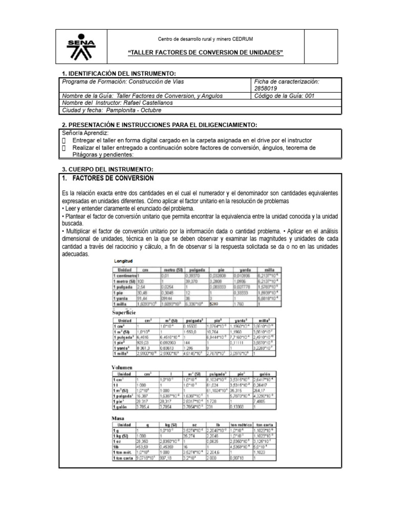 Taller No.1 - Factor de Conversion y Angulos | PDF