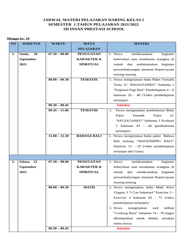 JADWAL MATERI PELAJARAN DARING MINGGU Ke-10 | PDF