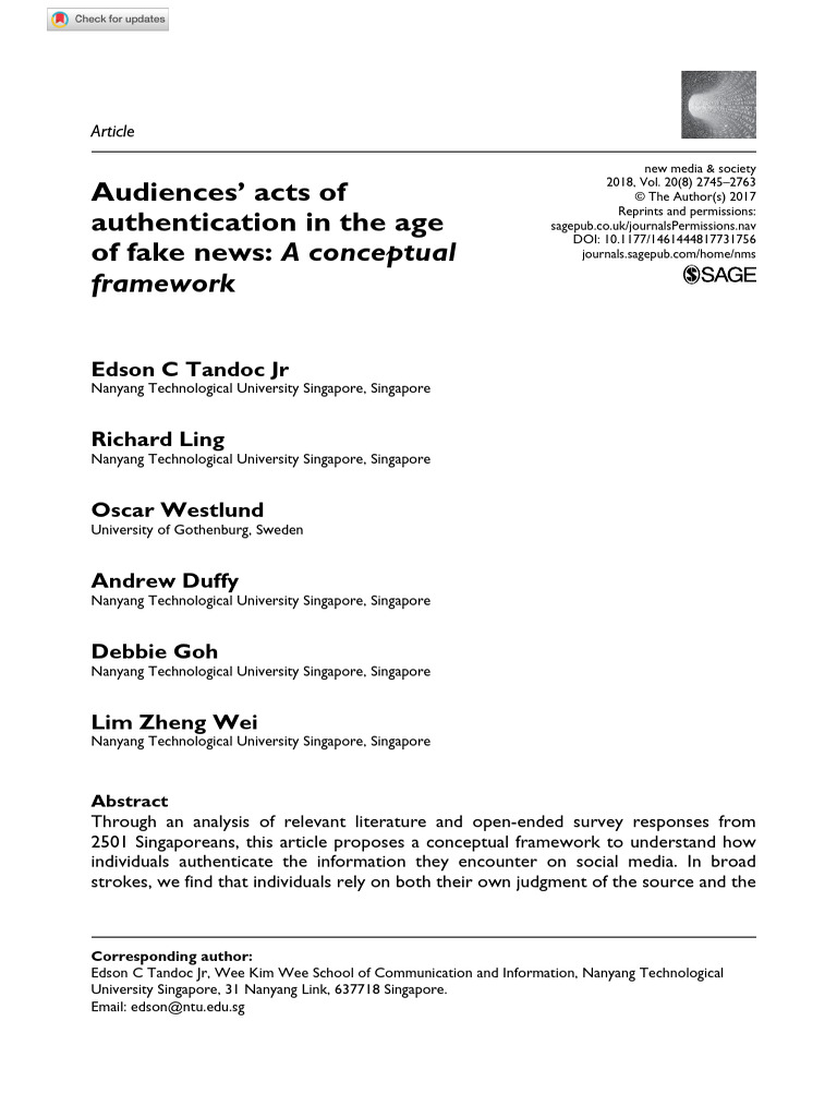 Audiences' Acts of Authentication in The Age of Fake News: A Conceptual | PDF