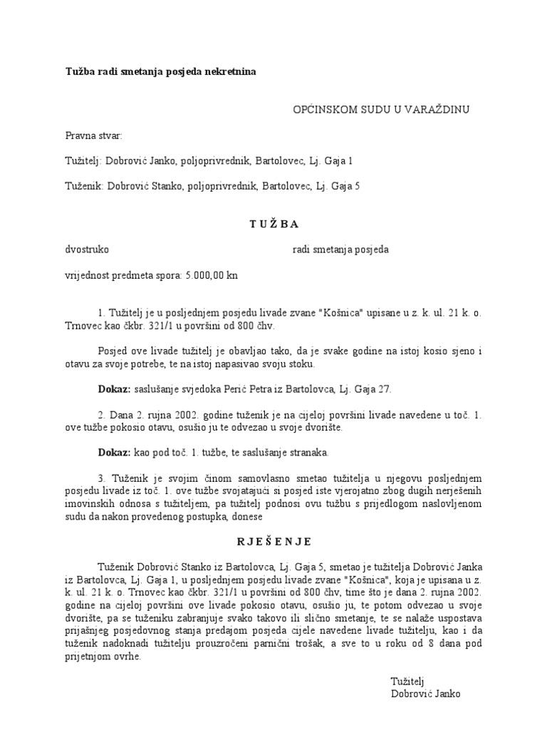 Tuzba Radi Smetanja Posjeda | PDF