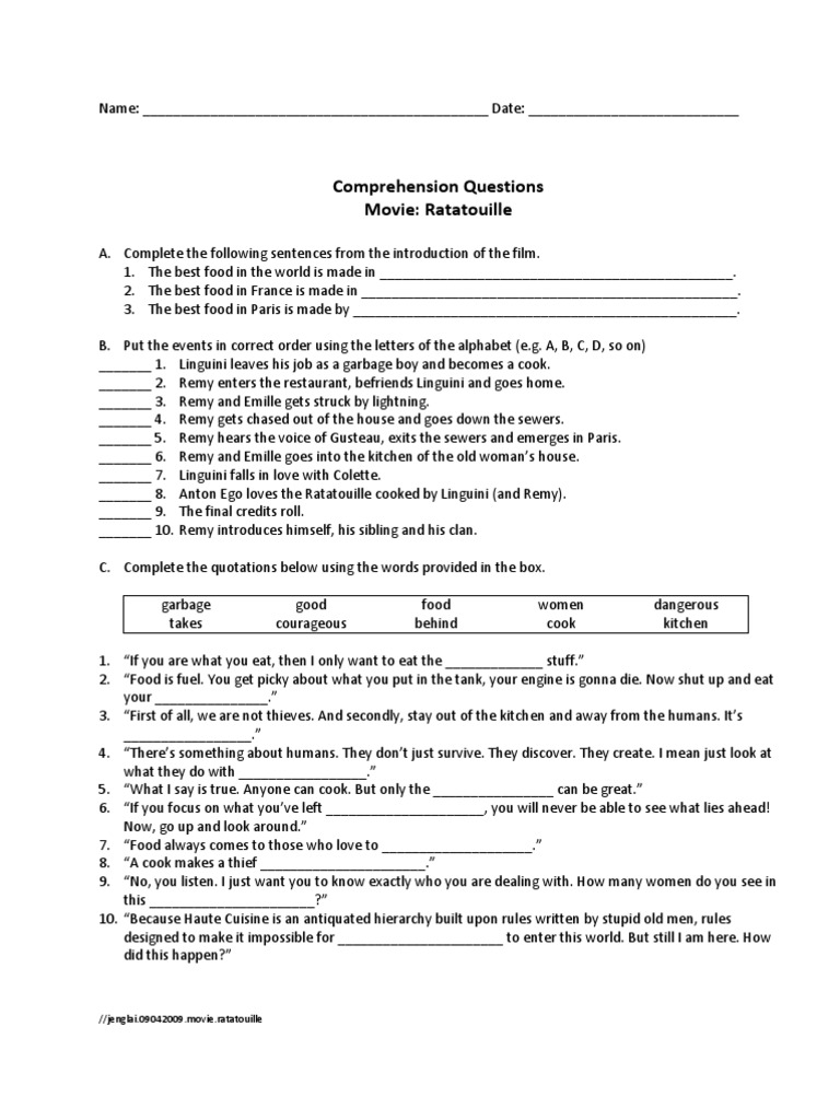 Ratatouille Movie Comprehension Worksheet | PDF | Cooking | Foods