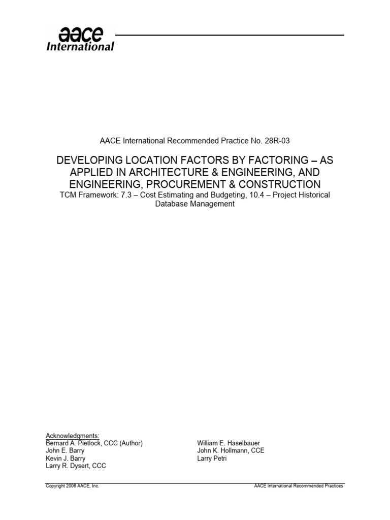 Developing Location Factors by Factoring - As Applied in Architecture & Engineering, and ...