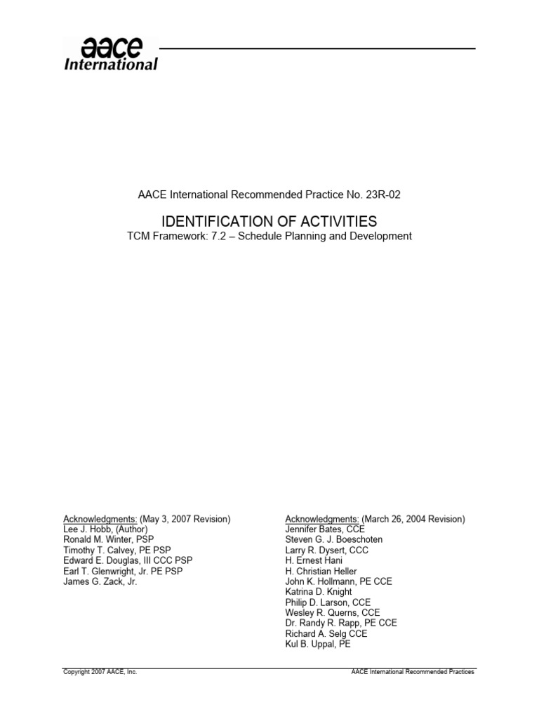 Identification of Activities: AACE International Recommended Practice ...