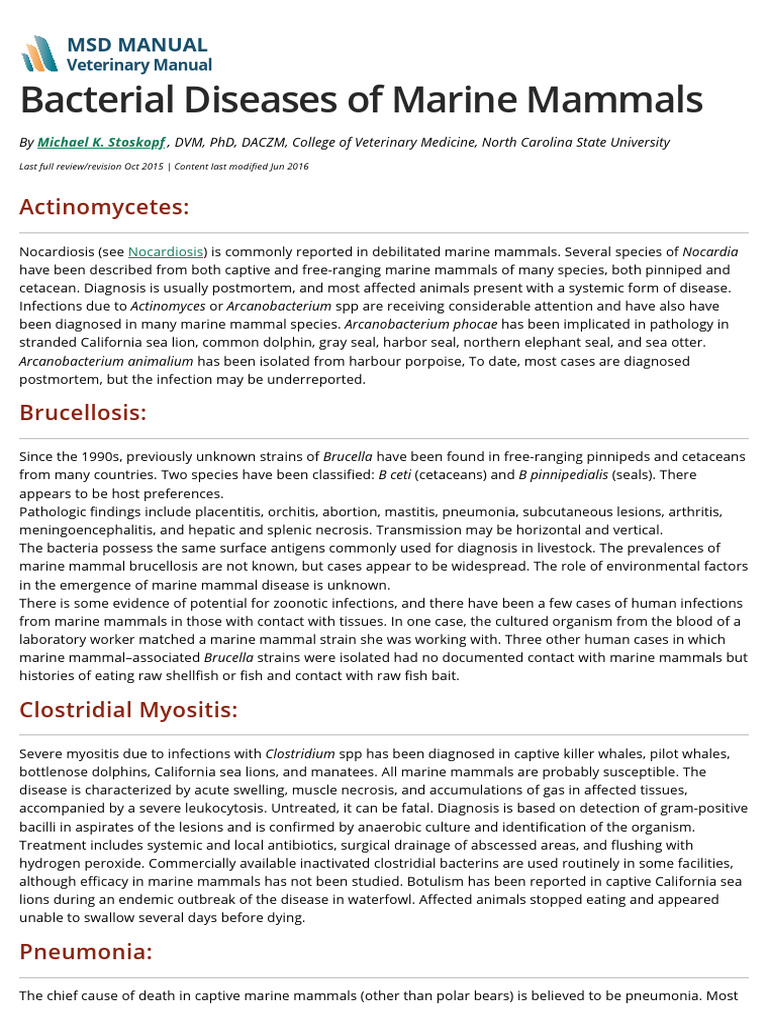 Bacterial Diseases of Marine Mammals - MSD Veterinary Manual | PDF