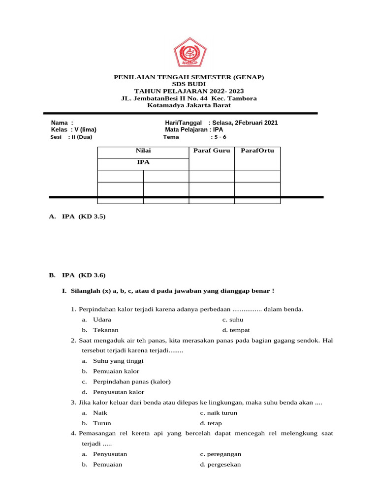 PTS Sesi 1 Sem II Kelas V Tema 6 IPA, IPS 2023 | PDF