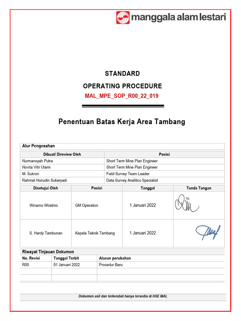 MAL_MPE_SOP_R00_22_019 Penentuan Batas Kerja Area Tambang | PDF