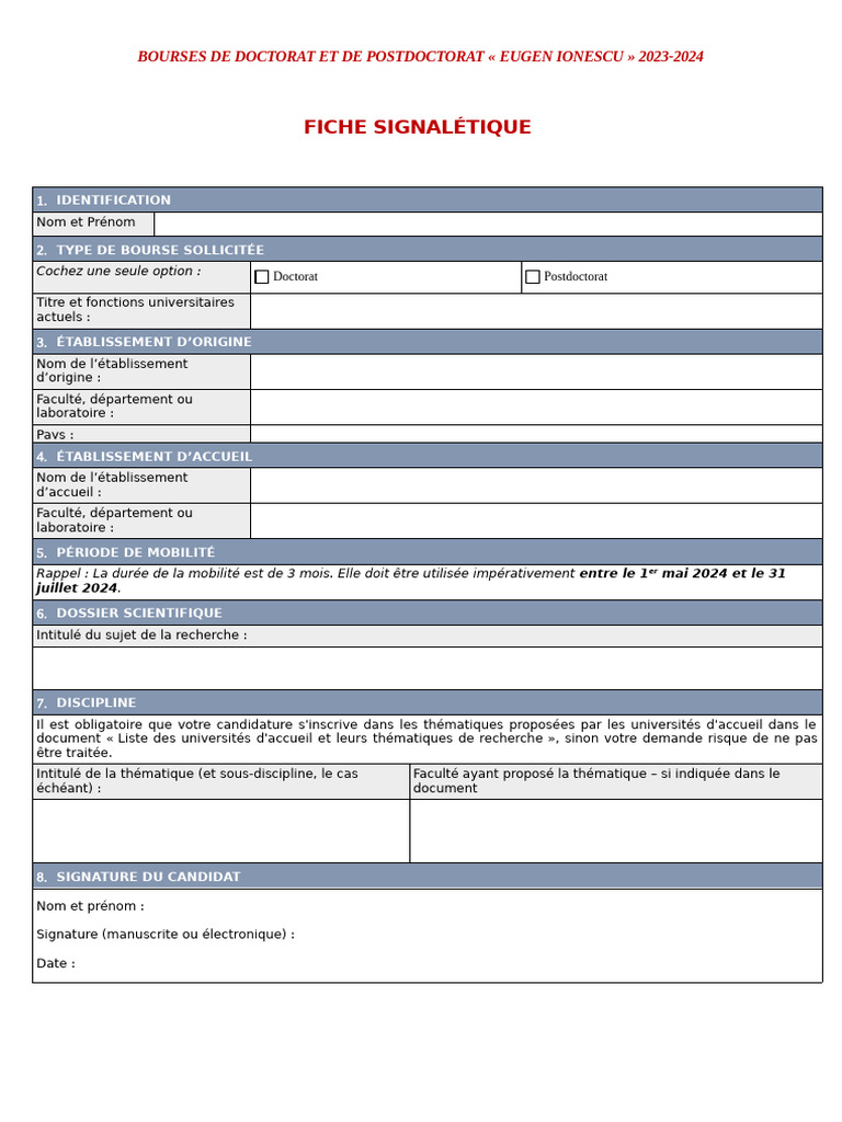 Modèle de Fiche Signalétique 2023 2024 | PDF