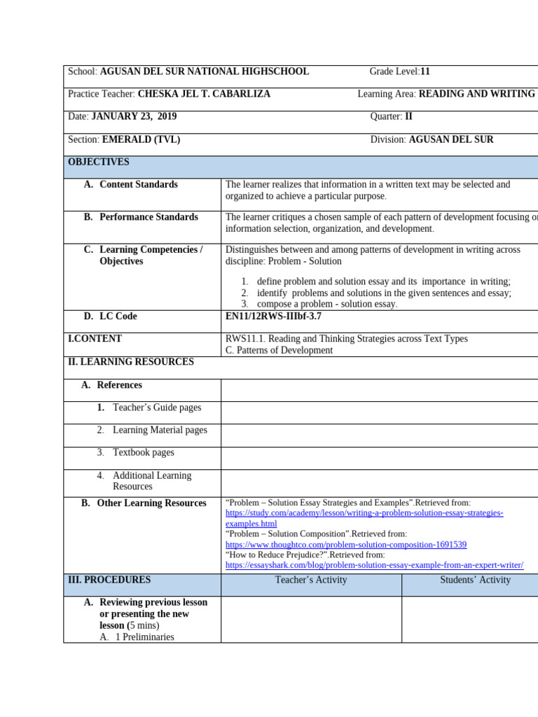 Lesson Plan - Problem Solution | PDF